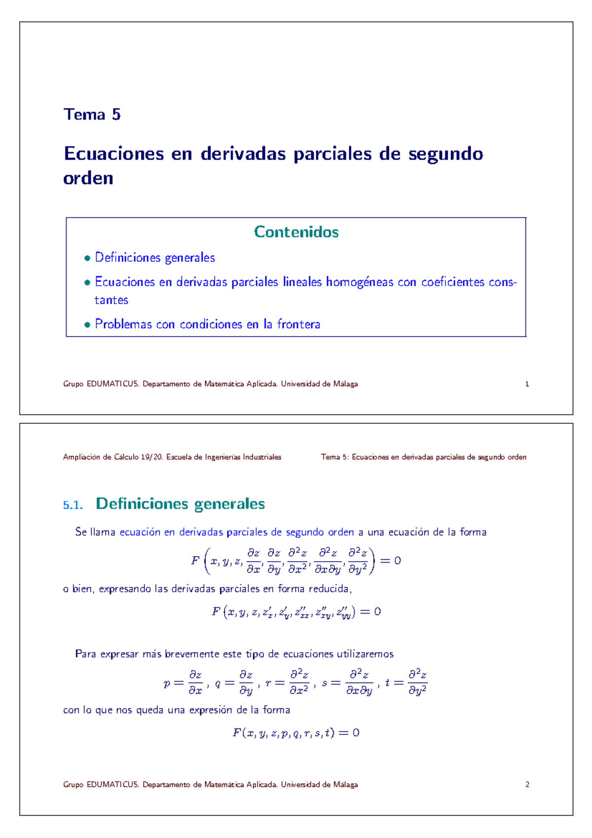 Ecuaciones EN Derivadas Parciales DE Segundo Orden - Tema 5 Ecuaciones en derivadas parciales de ...