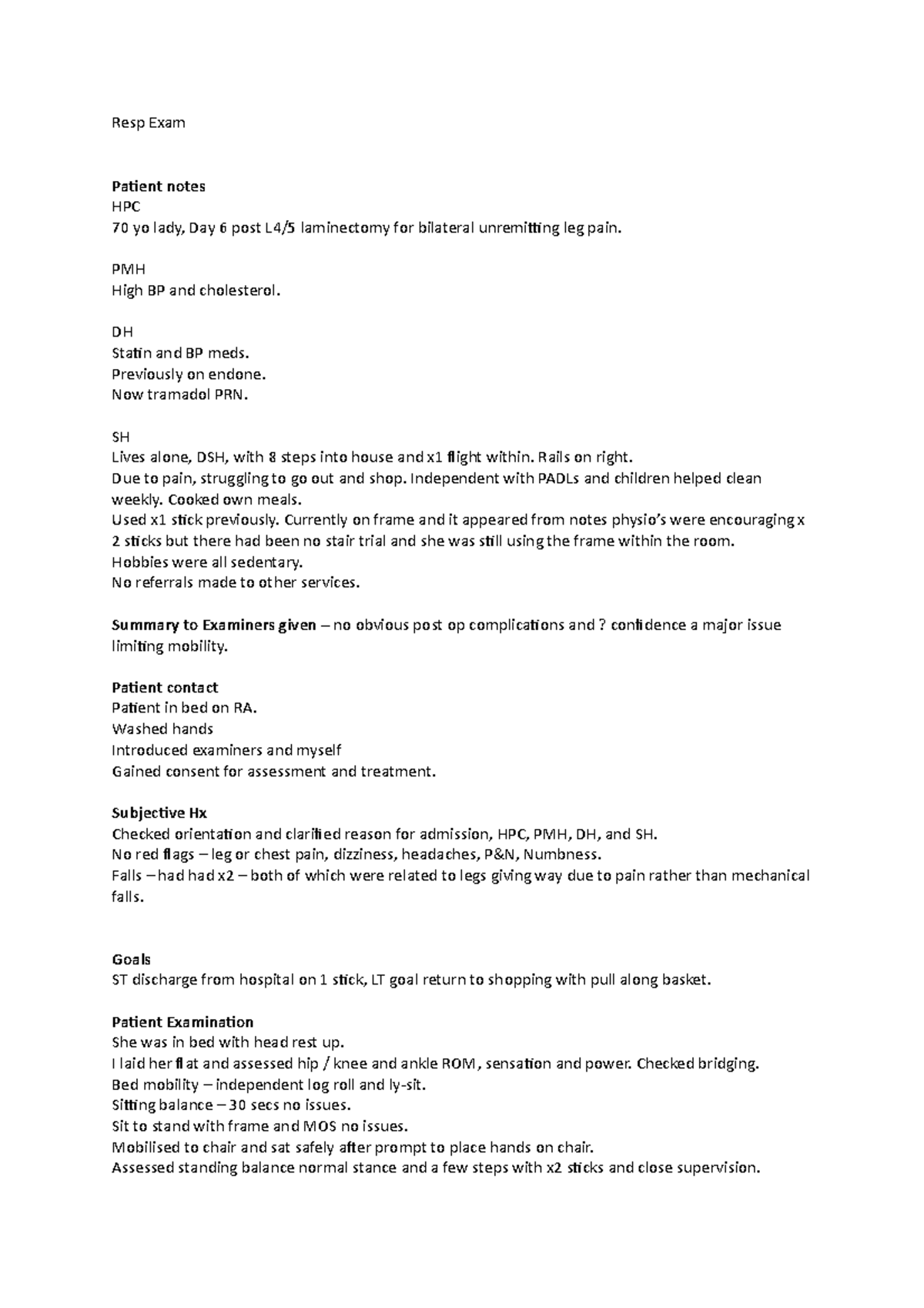 Musculoskeletal practical case scenario - Resp Exam Patient notes HPC ...