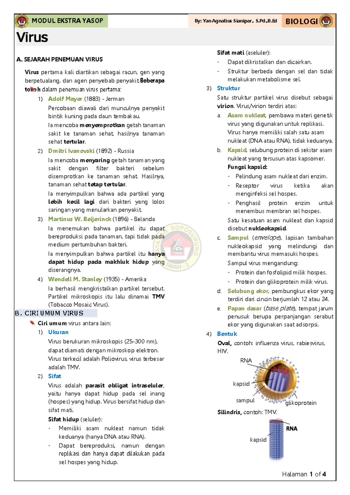 IAN - Modul virus - Bahan ajar guru - Sifat mati (aseluler): A. SEJARAH ...