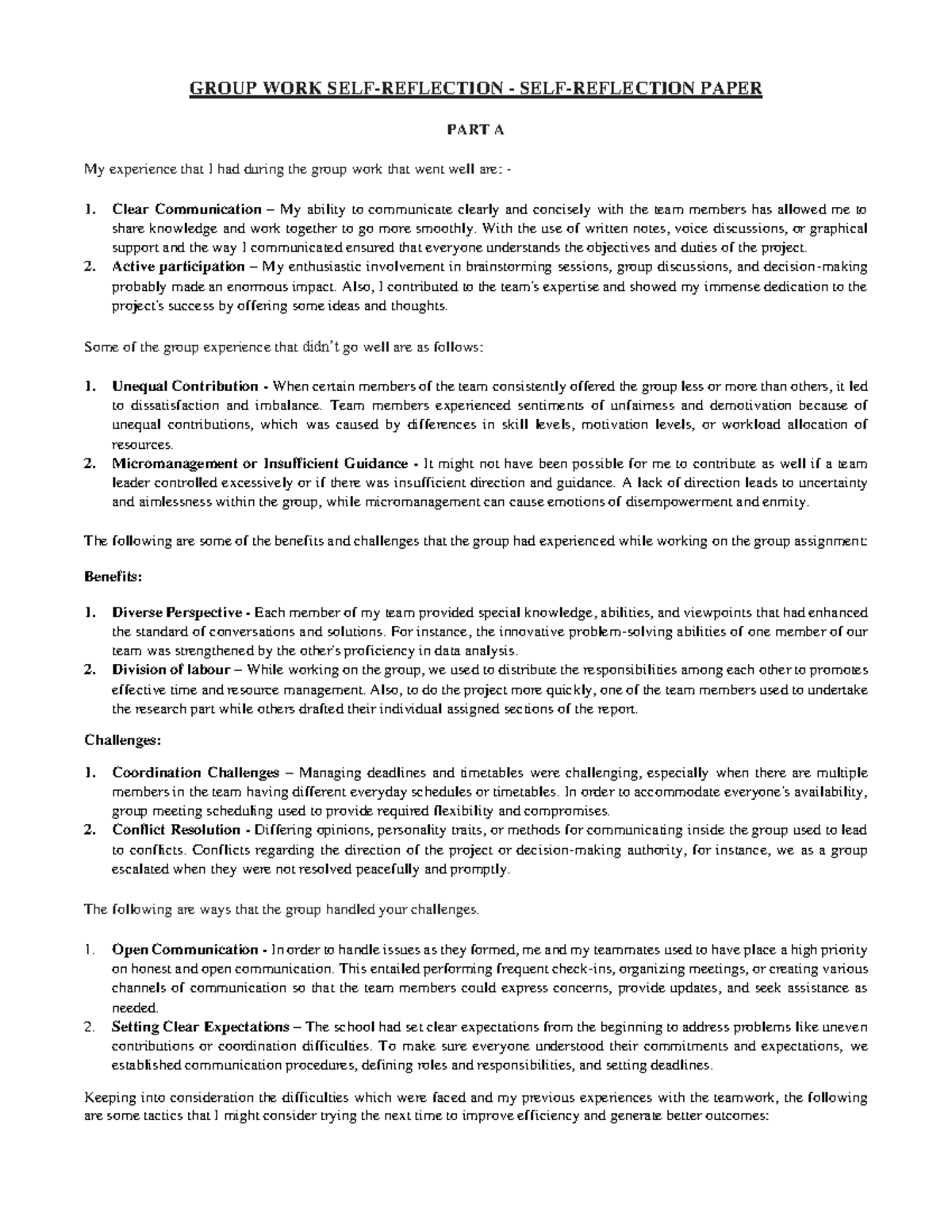 Group work self-reflection - Self-reflection paper - GROUP WORK SELF-REFLECTION - SELF ...