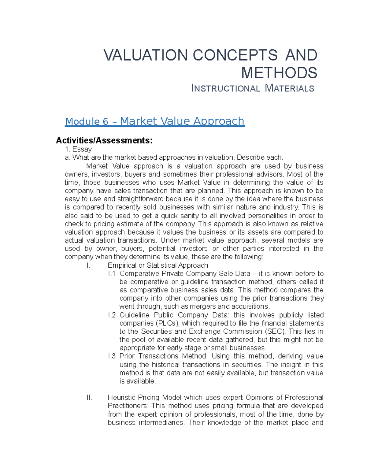 (Assignment 6) Valuation - VALUATION CONCEPTS AND METHODS INSTRUCTIONAL ...