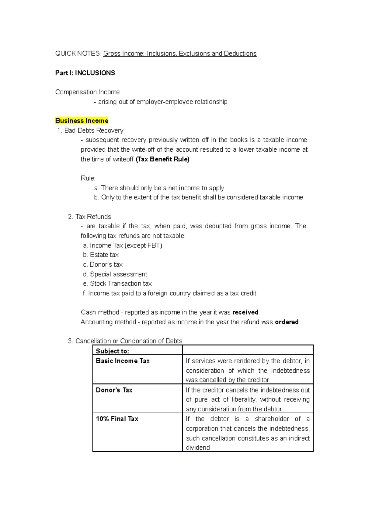 notes gross income - QUICK NOTES: Gross Income: Inclusions, Exclusions ...