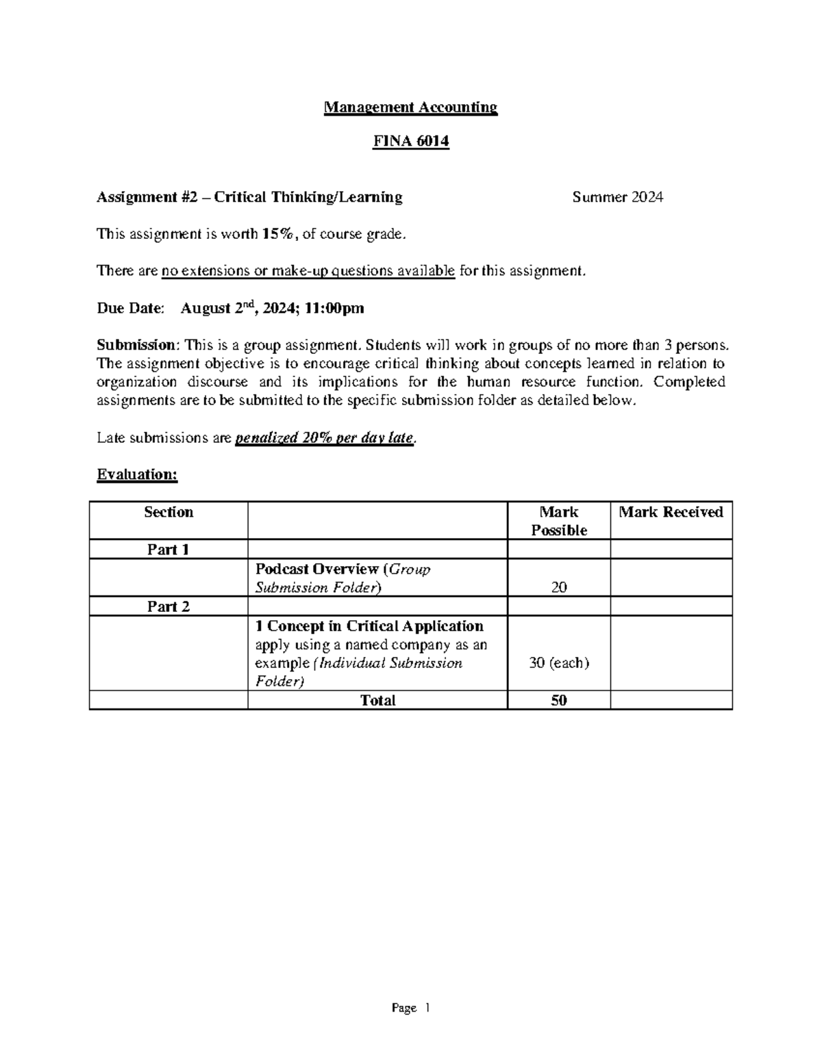 Finance assignment 2 podcast worth 15% - Management Accounting FINA ...