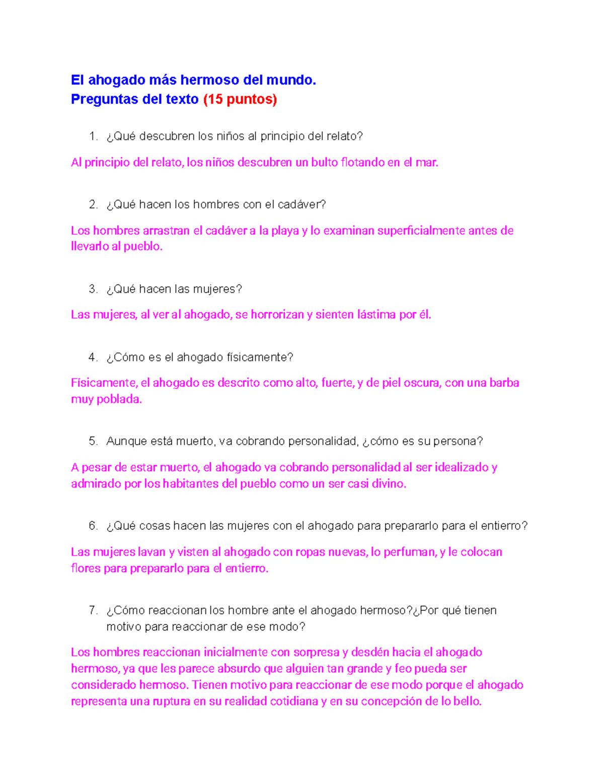 El ahogado mas hermoso del mundo Preguntas del texto - El ahogado más ...