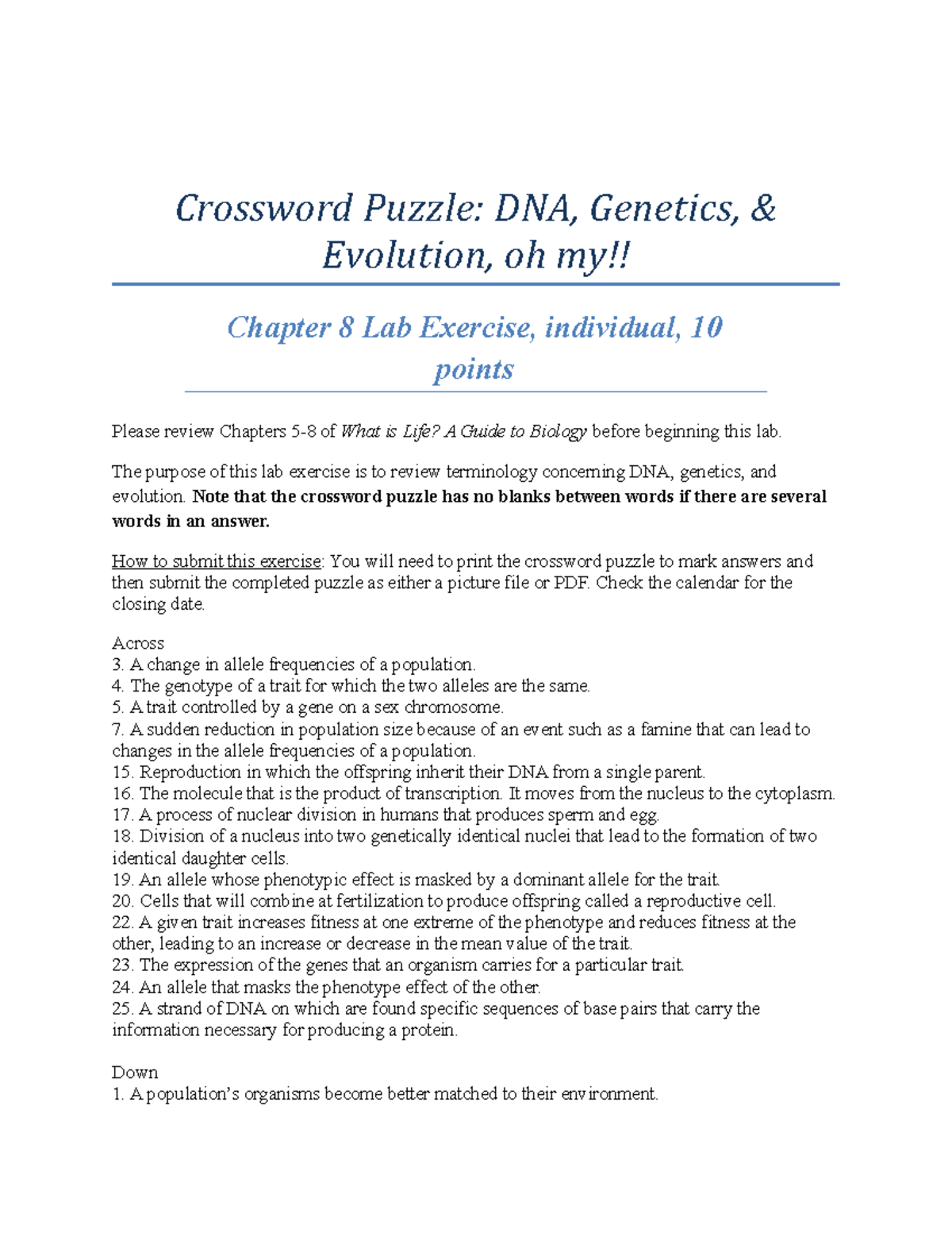 CH8 - Crossword Puzzle: DNA, Genetics, &amp; Evolution, oh my!! Chapter ...