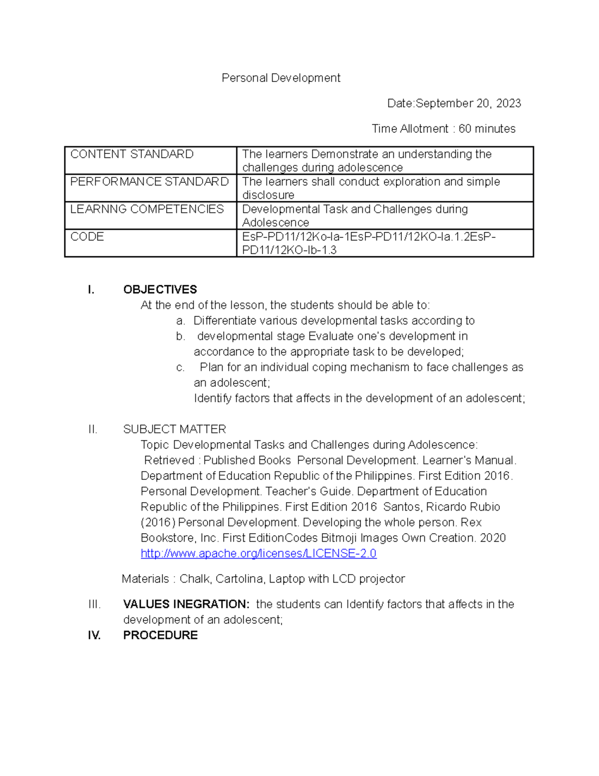Personal Development dll lesson 4 - Personal Development Date:September ...