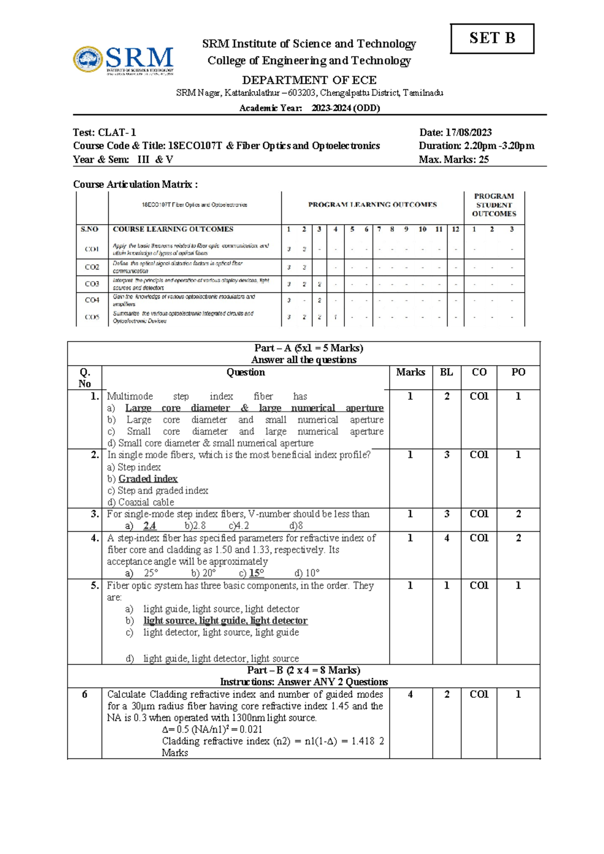 Clat1-QP set B- Print out-answer key - SRM Institute of Science and ...