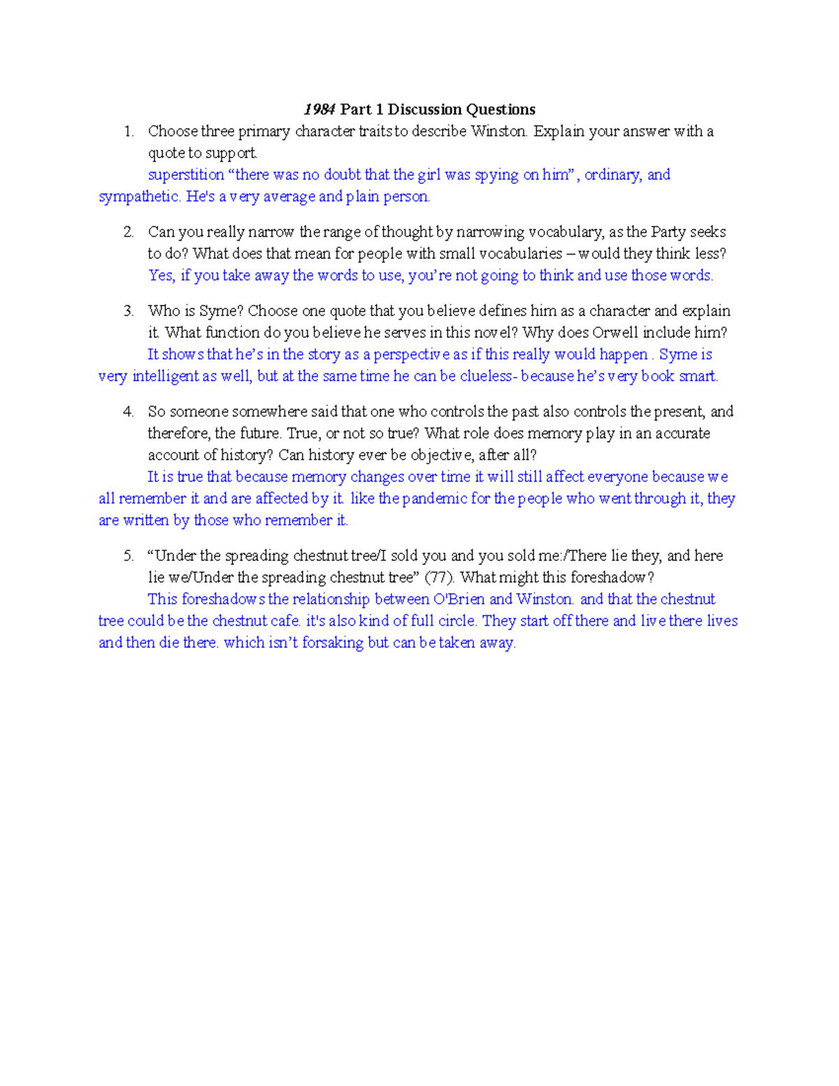 Ella Garrett - 1984 Part 1 Discussion Questions - 1984 Part 1 ...