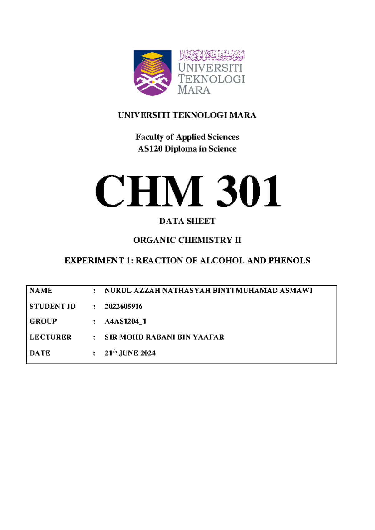 DATA Sheet CHM 301 - UNIVERSITI TEKNOLOGI MARA Faculty of Applied Sciences AS120 Diploma in ...