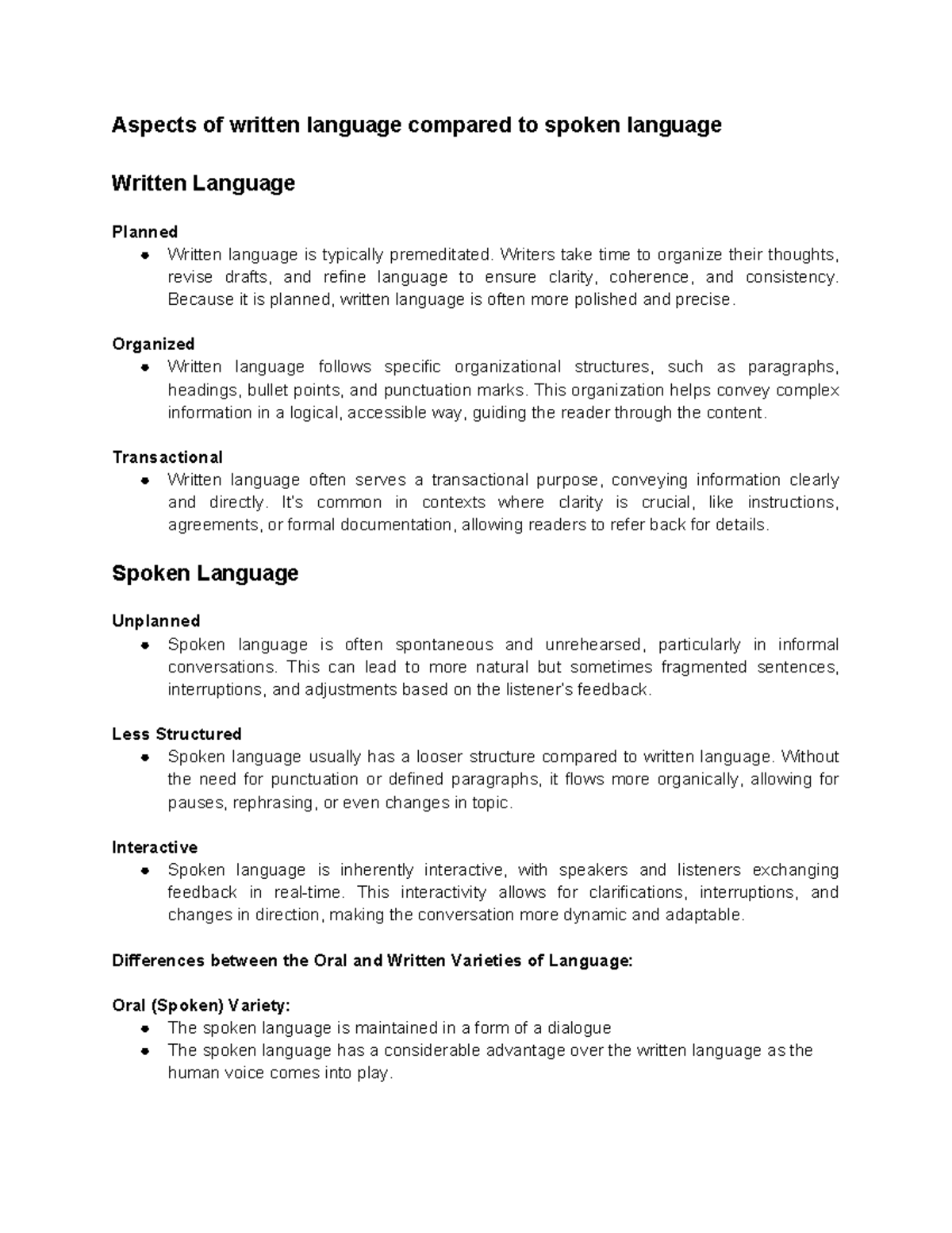 Notes - Aspects of written language compared to spoken language Written ...