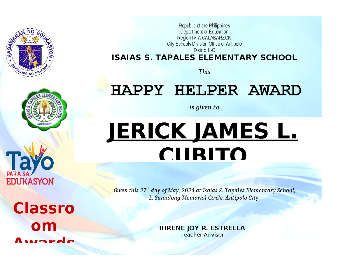 Class Achiever MAY 2023 - class achiever - Republic of the Philippines ...