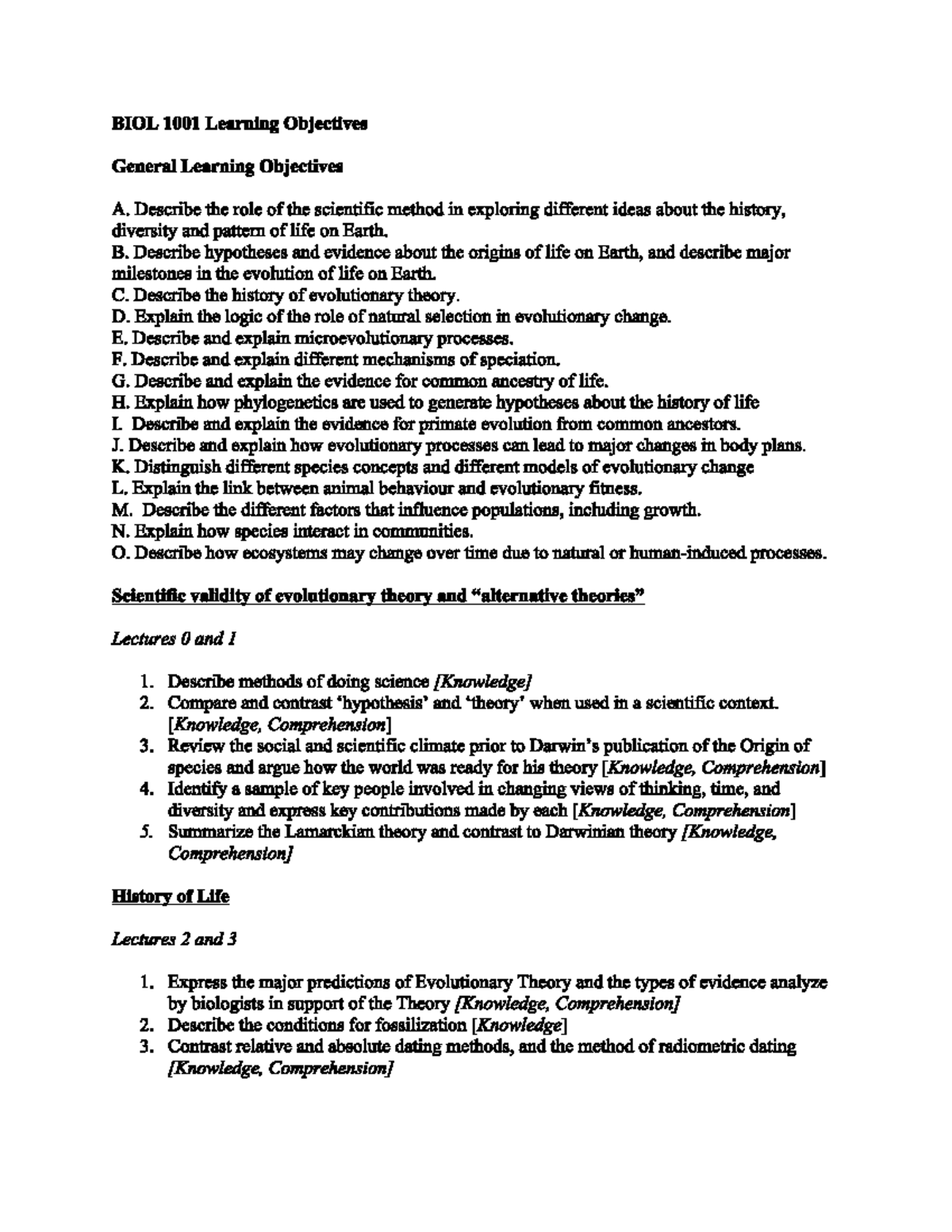 BIOL 1001 Learning Objectives - BIOL 1001 Learning Objectives General ...