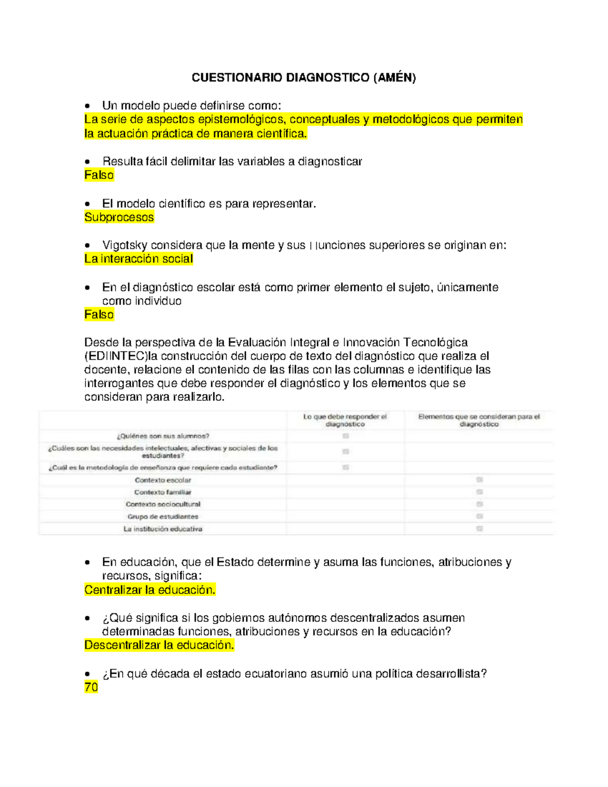 Cuestionario Diagnostico - CUESTIONARIO DIAGNOSTICO (AMÉN) Un modelo puede definirse como: La ...