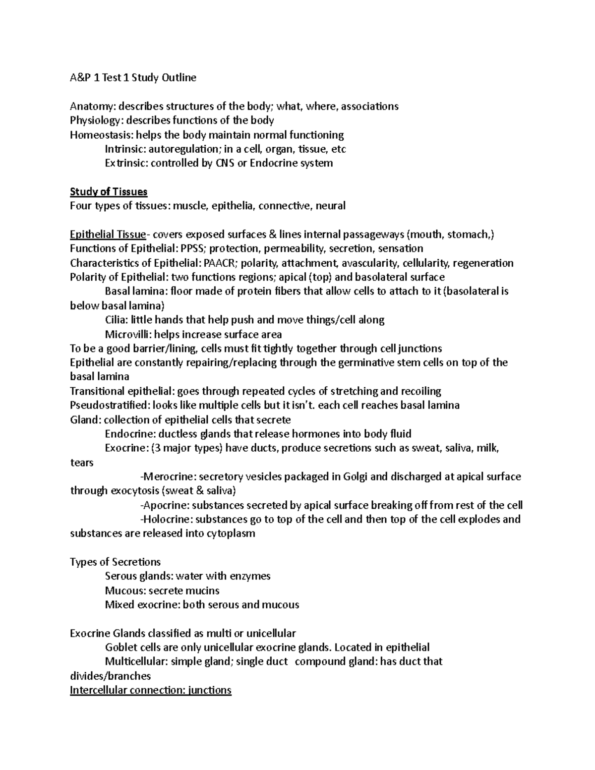 A&P 1 Test 1 outline - Lecture notes Lectures for Test 1 - A&P 1 Test 1 ...
