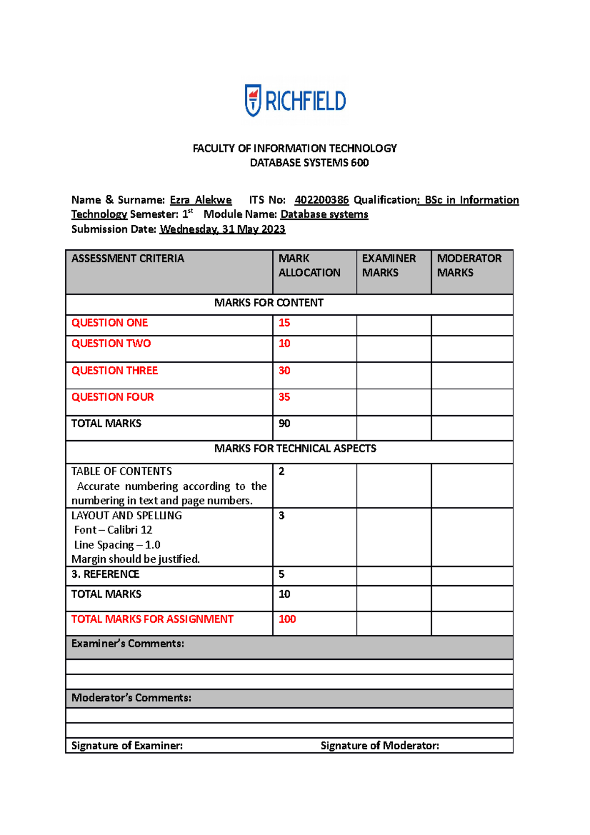 Database Assignment Faculty Of Information Technology Database Systems 600 Name And Surname