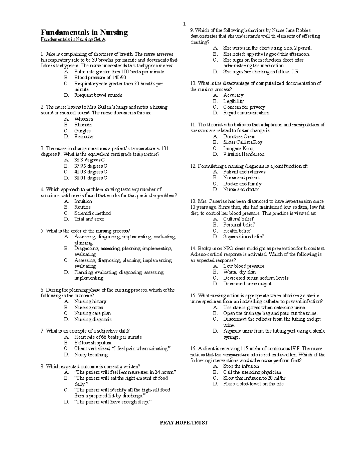 PNLE-PART-2 - Reviewer - Fundamentals in Nursing Fundamentals in Nursing Set A Jake is ...