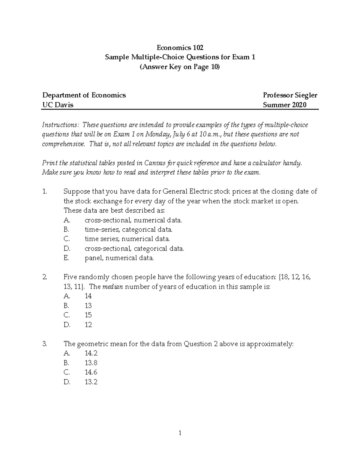 Economics 102 Sample Multiple-Choice Questions for Exam 1 Su2020 ...