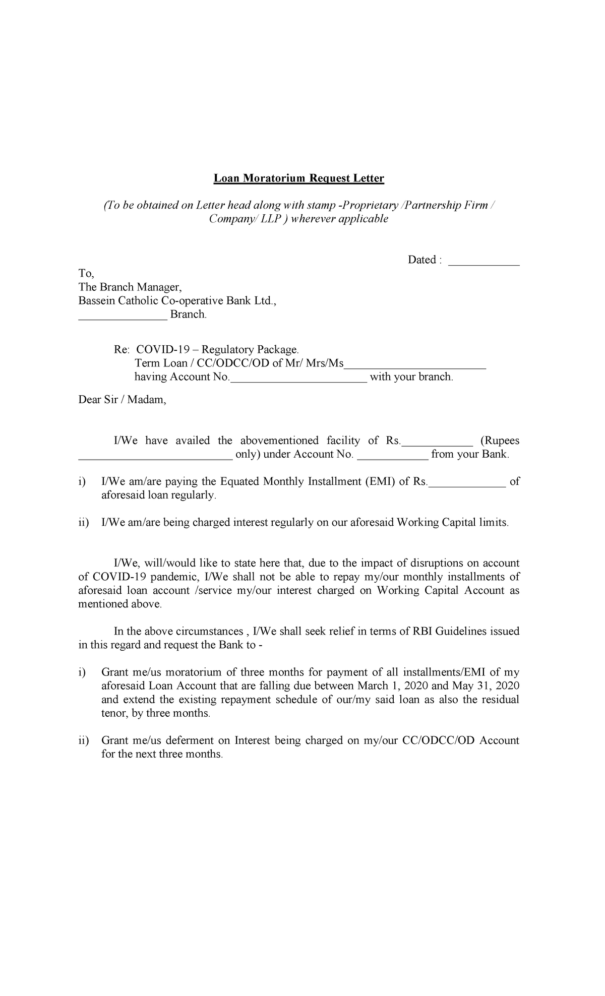 Moratorium Period Letter 2020 Loan Moratorium Request Letter To Be