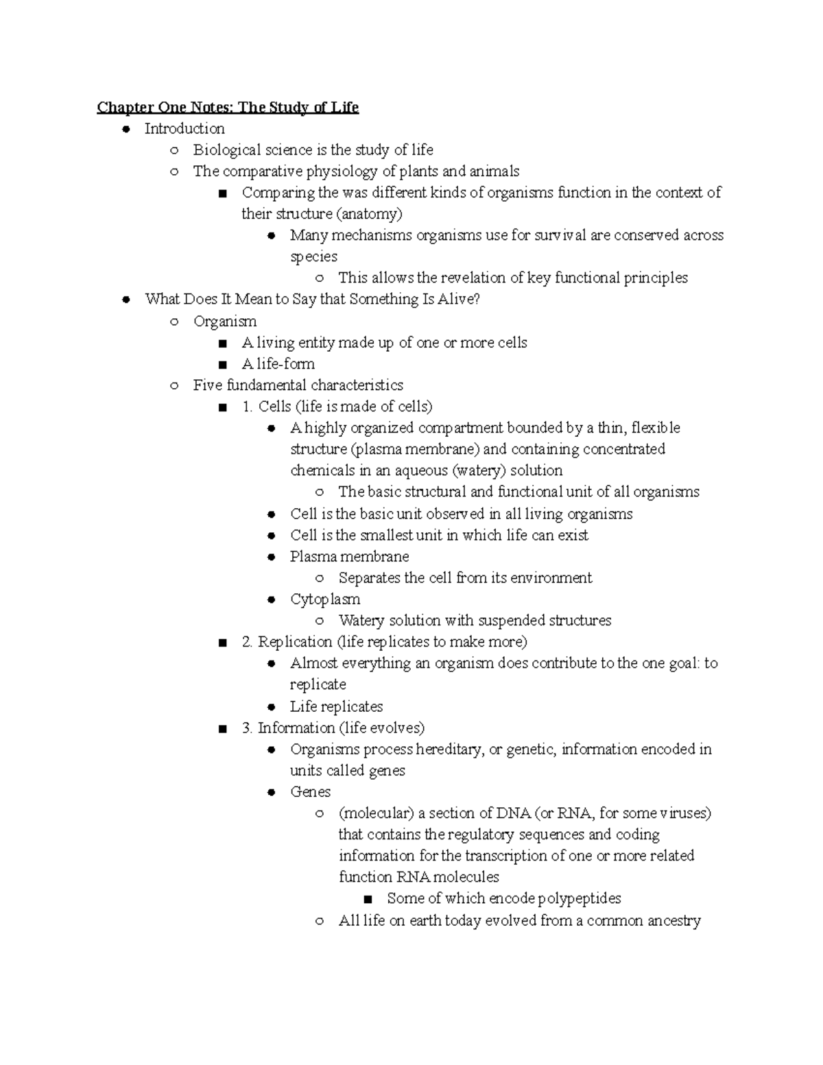 Lecture Notes and Chapter Notes - Chapter One Notes: The Study of Life ...