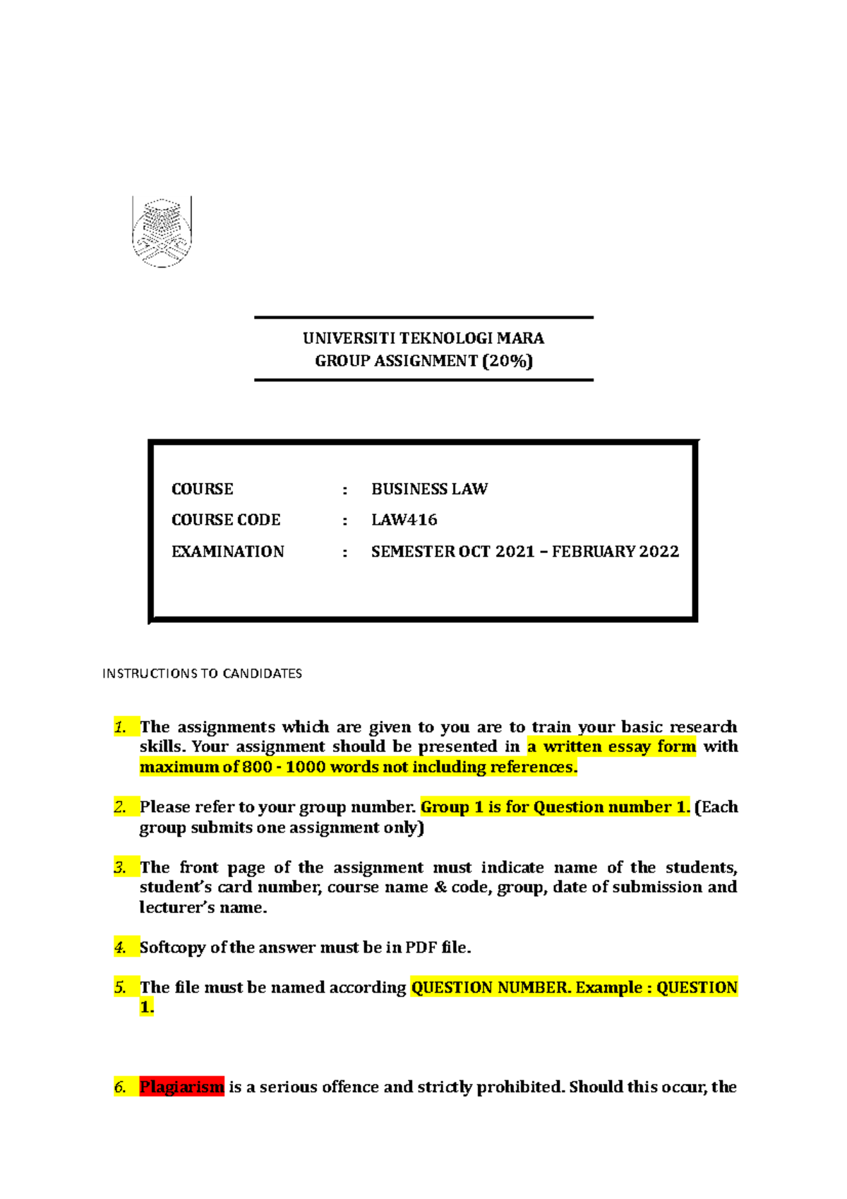 MLS Assignment october 2021 - Business Law - UiTM - Studocu