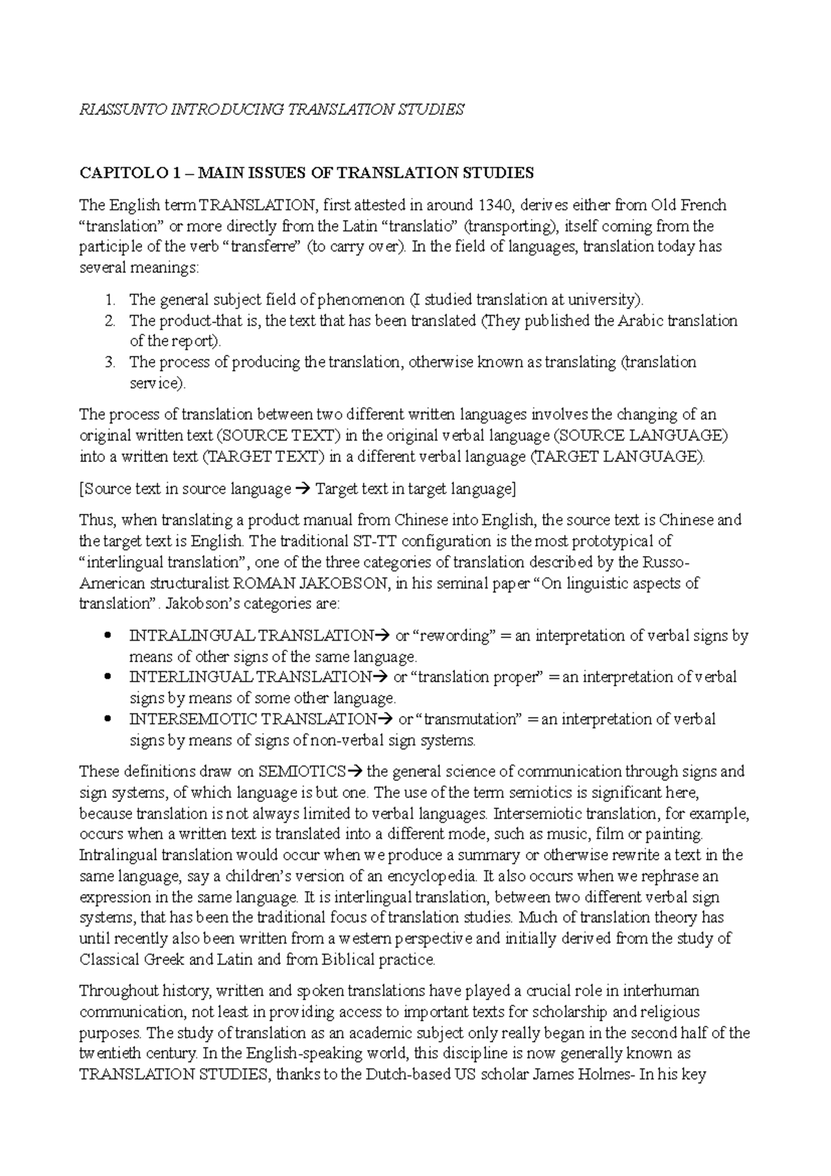Riassunto Introducing Translation Studies - RIASSUNTO INTRODUCING ...