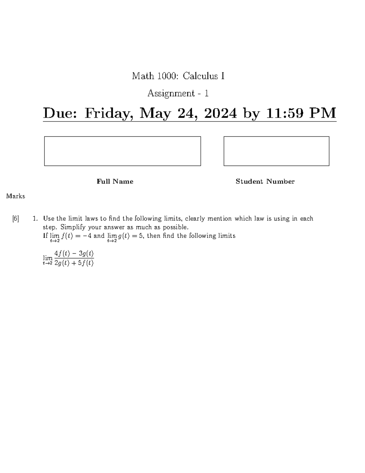 MATH 1000 - Assignment-1-SP24 - Math 1000: Calculus I Assignment - 1 ...