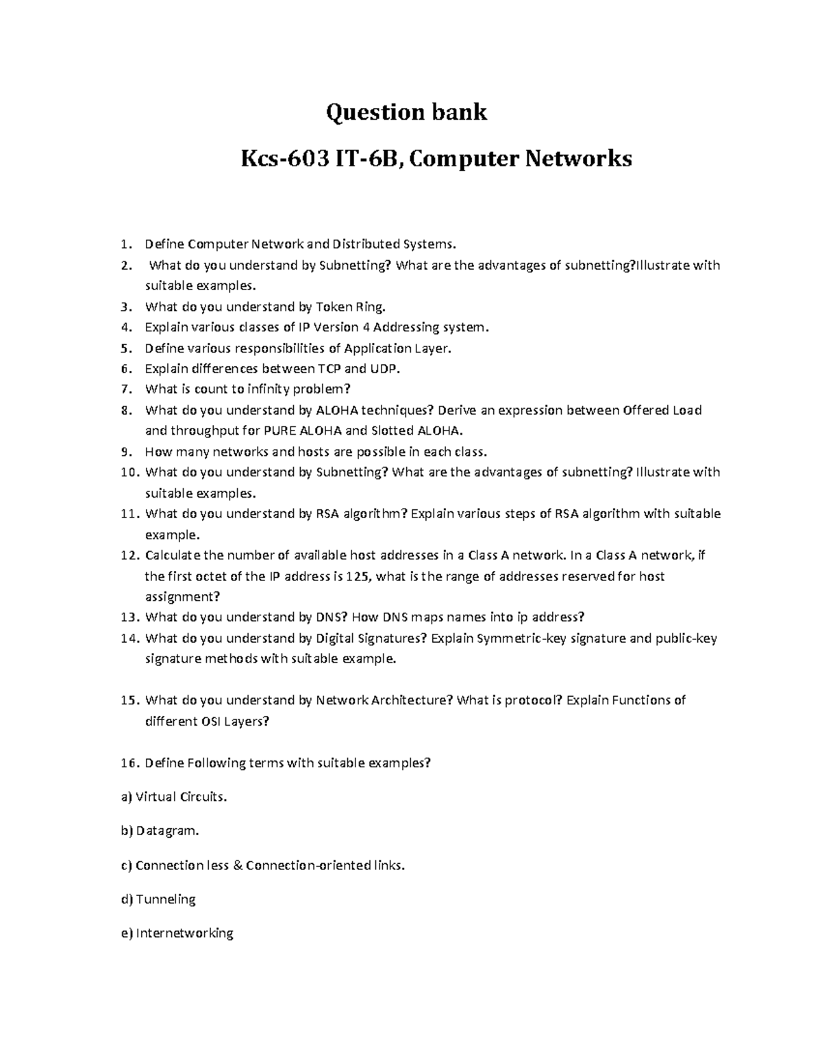 Question BANK KCS 603 PES - Question bank Kcs- 603 IT-6B, Computer Networks Define Computer ...