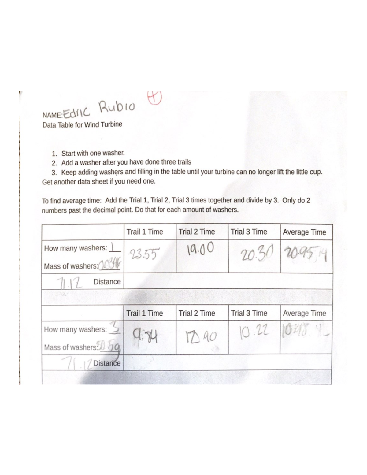 Data Table for Wind Turbine - Start with one washer. 2. Add a washer ...