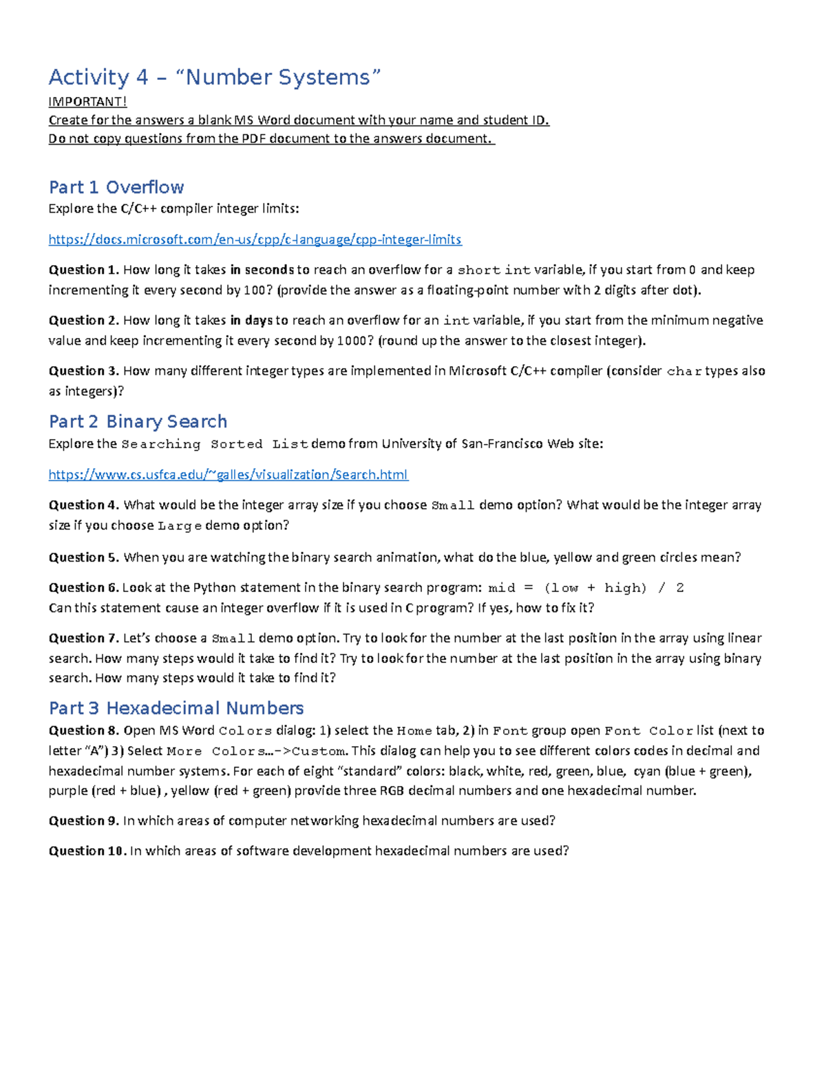 Activity 4 Number Systems - Activity 4 – “Number Systems” IMPORTANT ...