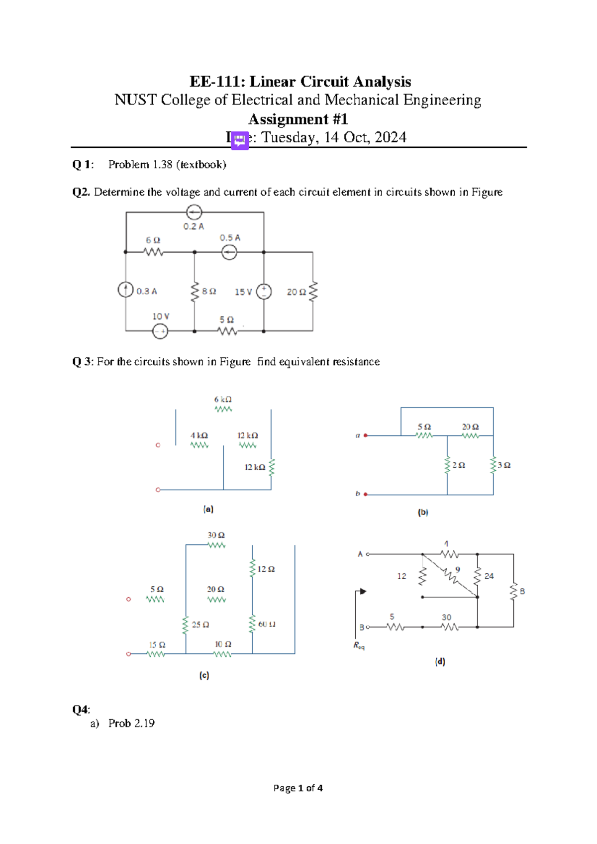 Assignment 1 - NUST College of Electrical and Mechanical Engineering EE-111: Linear Circuit ...