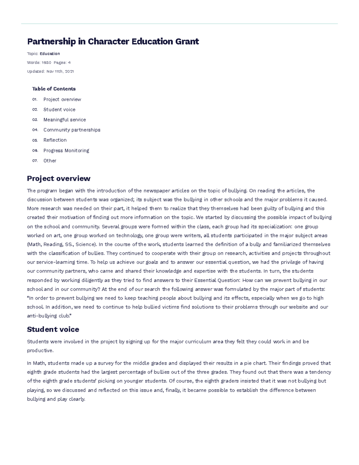 Partnership in Character Education Grant Free Essay Example ...