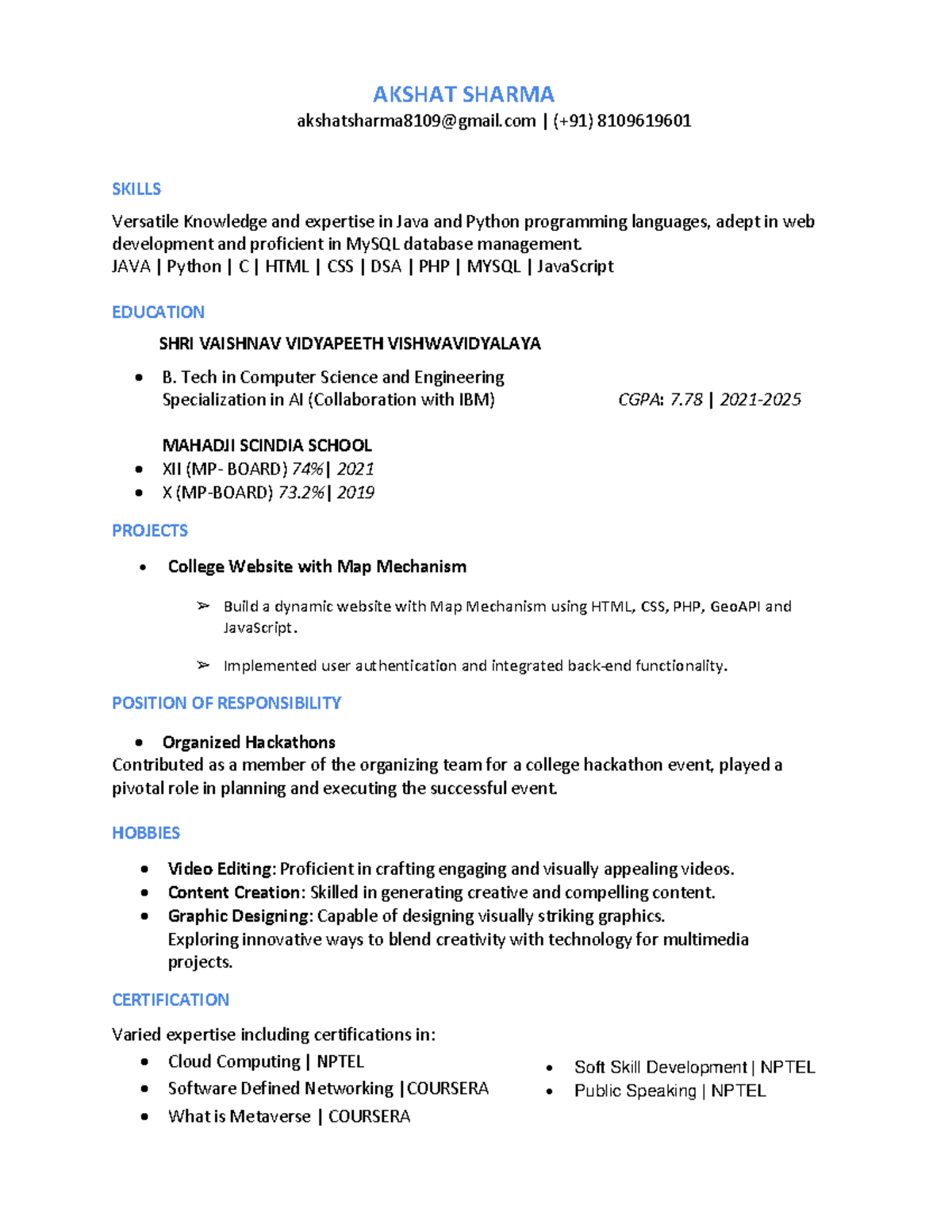 Akshat Sharma Resume - AKSHAT SHARMA akshatsharma8109@gmail | (+91 ...