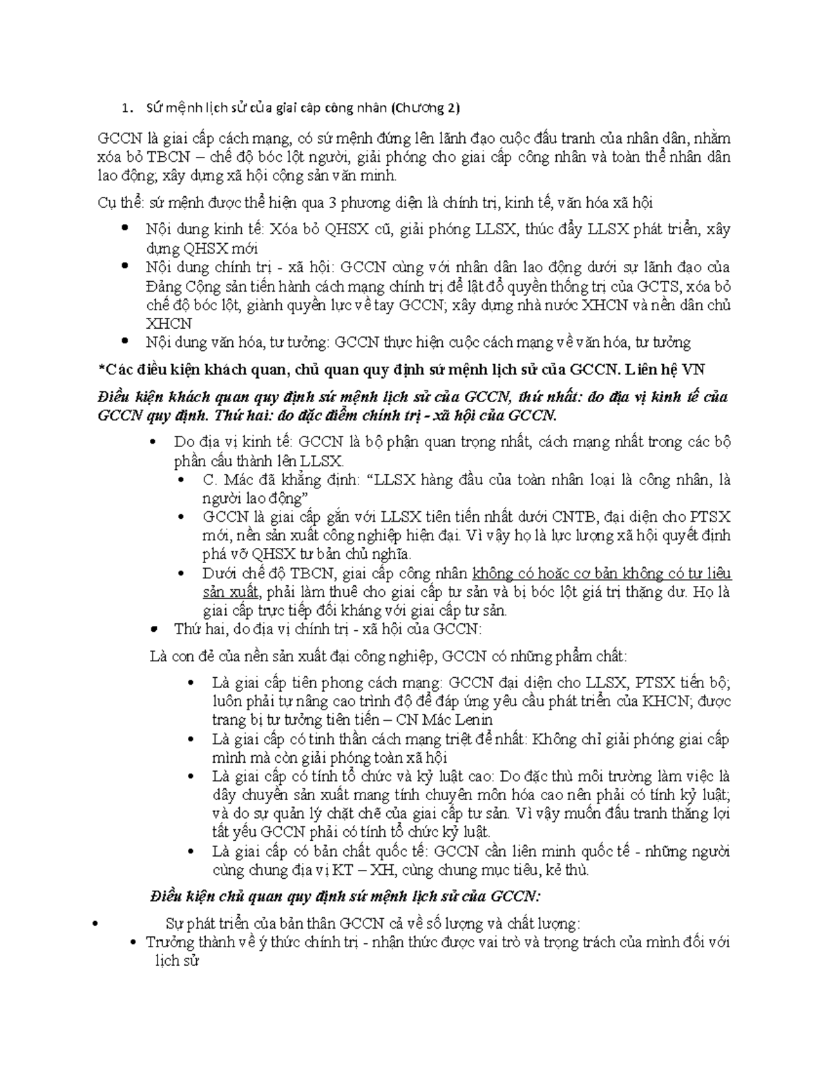 Cnxhkh - sfdg - 1. S ứ m ệnh l ch s ị ử c ủa giai cấấp công nhấn (Ch ương 2) GCCN là giai cấp ...
