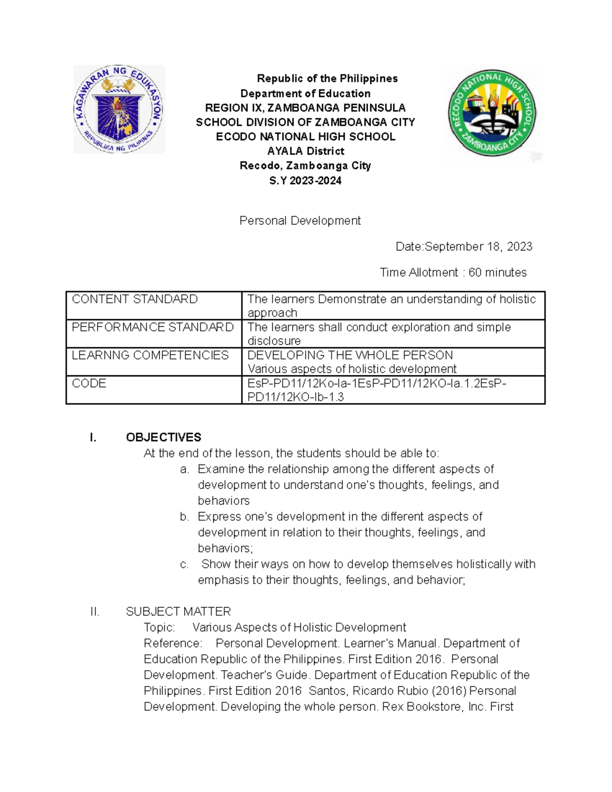 Personal Development dll lesson 2 - Republic of the Philippines ...
