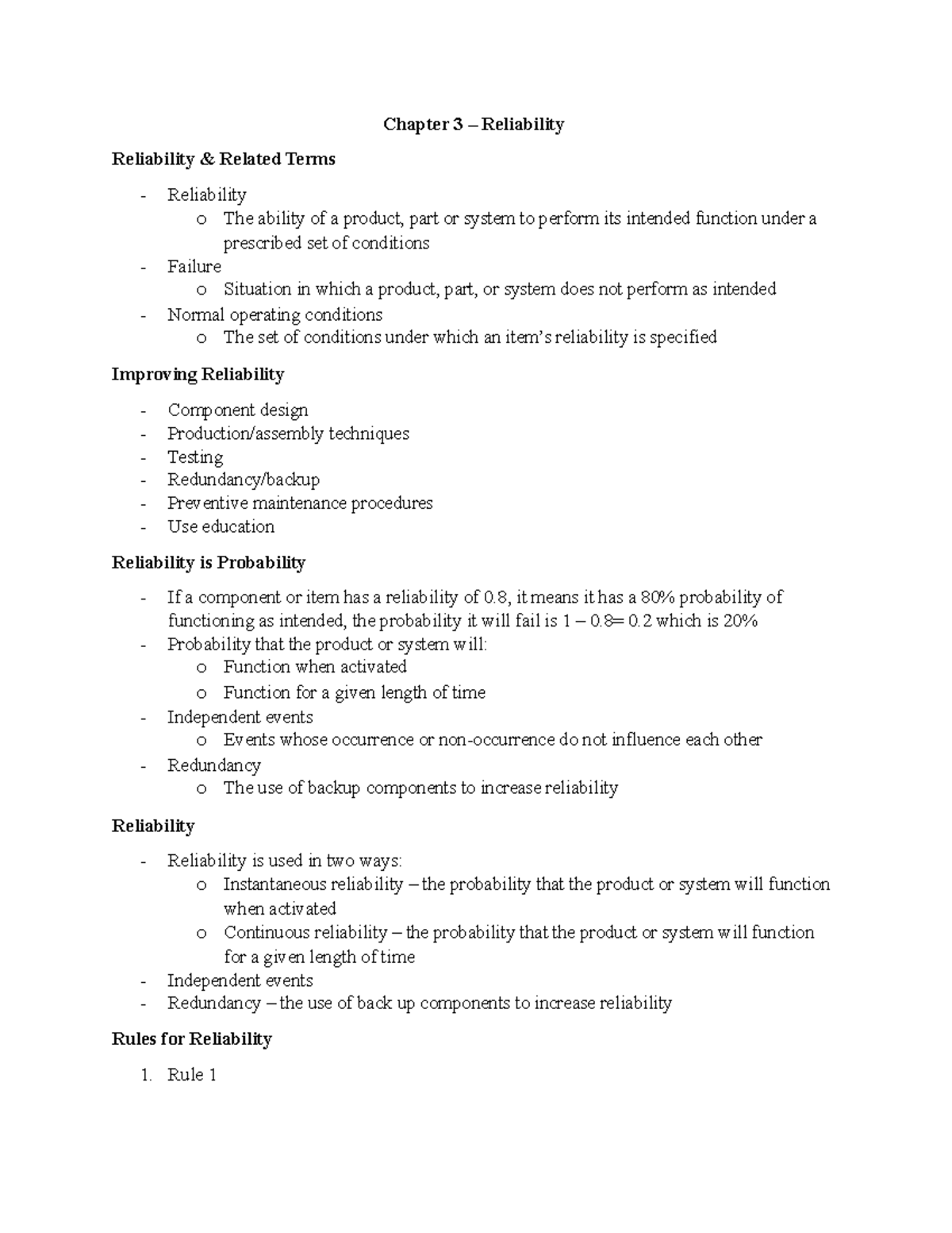 Chapter 3 - Chapter 3 – Reliability Reliability & Related Terms - Reliability o The ability ...