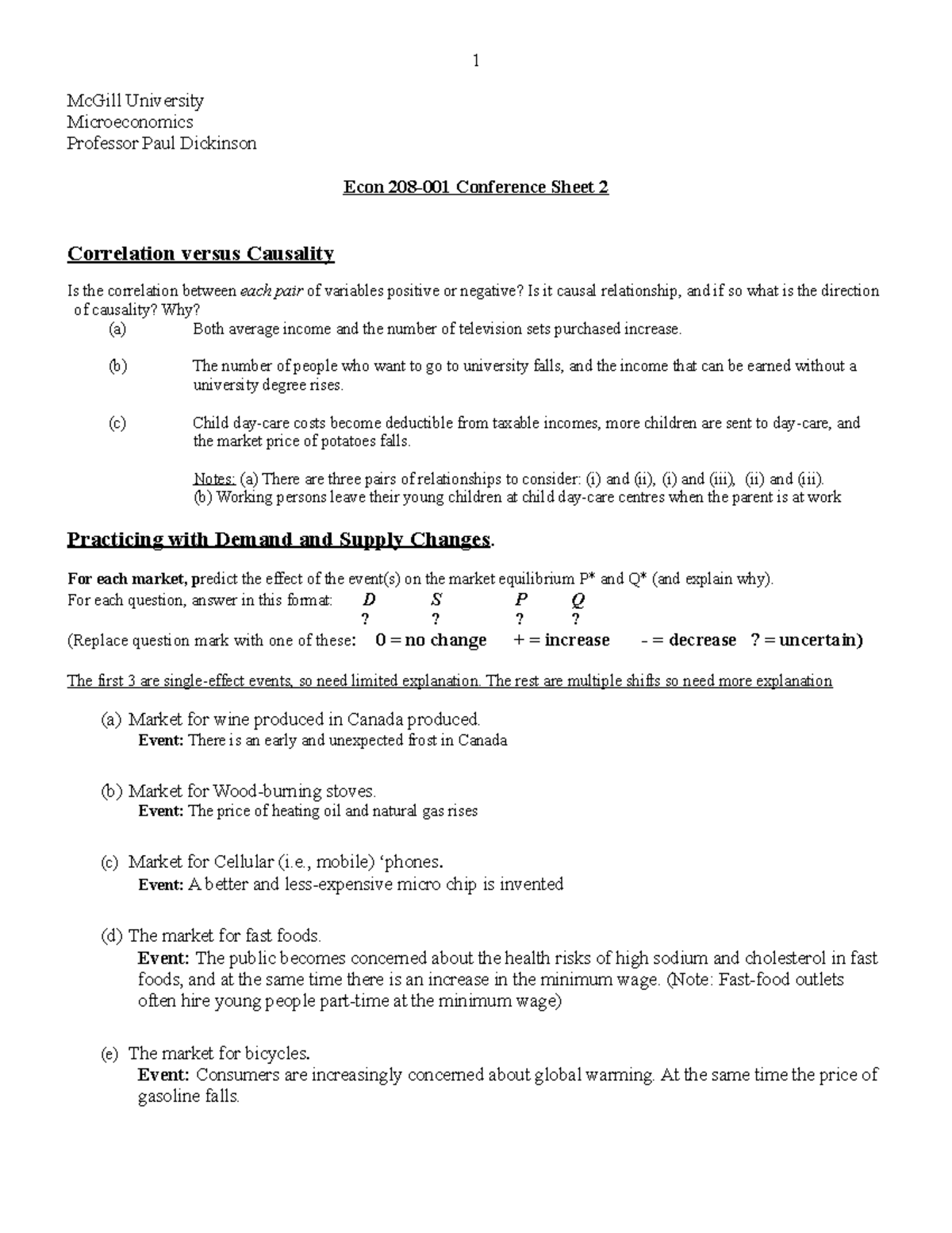 Econ 208 Conference Sheet 2 - Copy - McGill University Microeconomics Professor Paul Dickinson ...