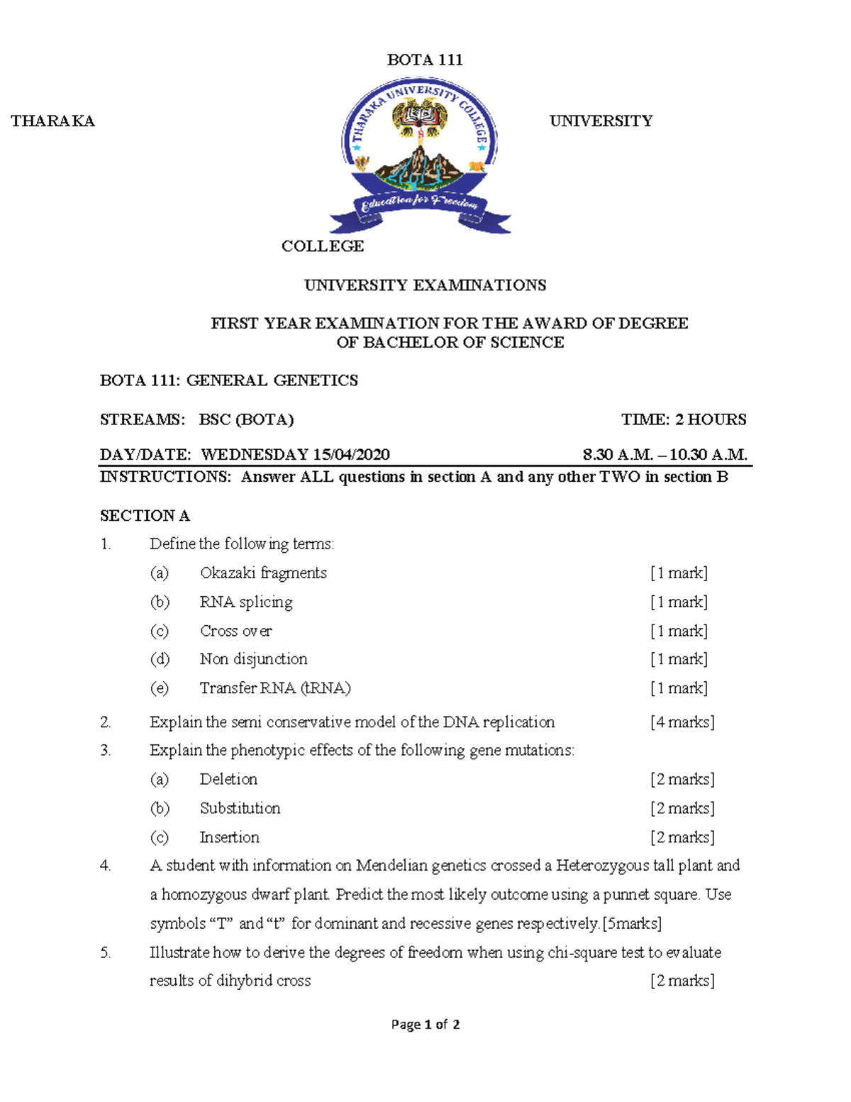 BOTA 111 - No info - BOTA 111 Page 1 of 2 UNIVERSITY EXAMINATIONS FIRST YEAR EXAMINATION FOR THE ...