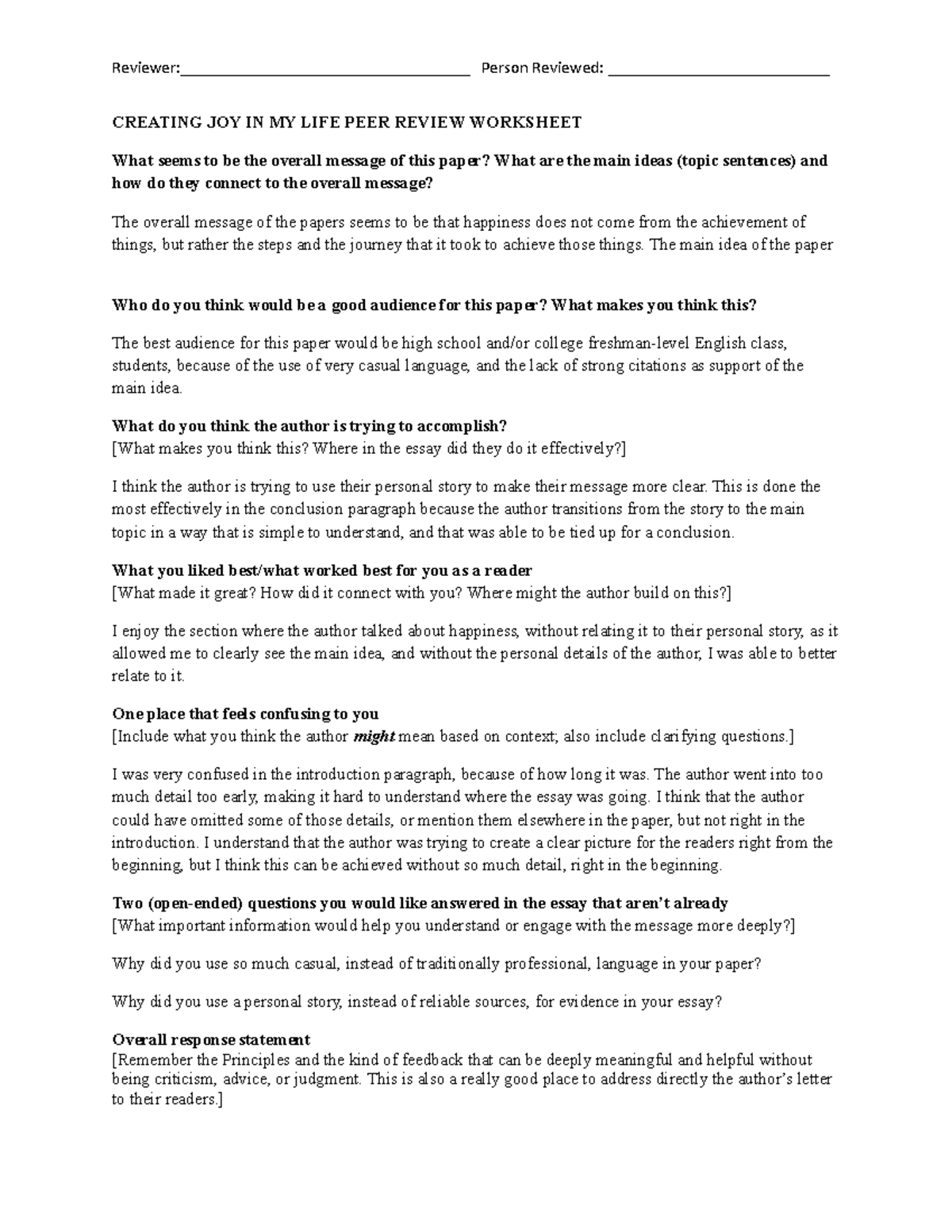 Sample Essay peer review worksheet - Reviewer ...