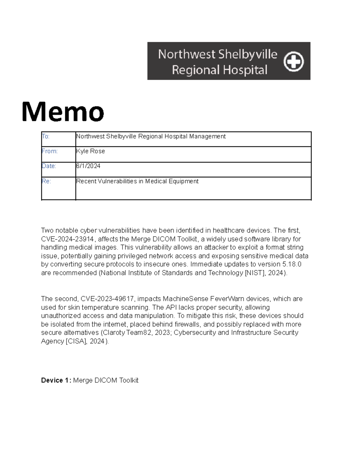 First assignment - Memo To: Northwest Shelbyville Regional Hospital ...