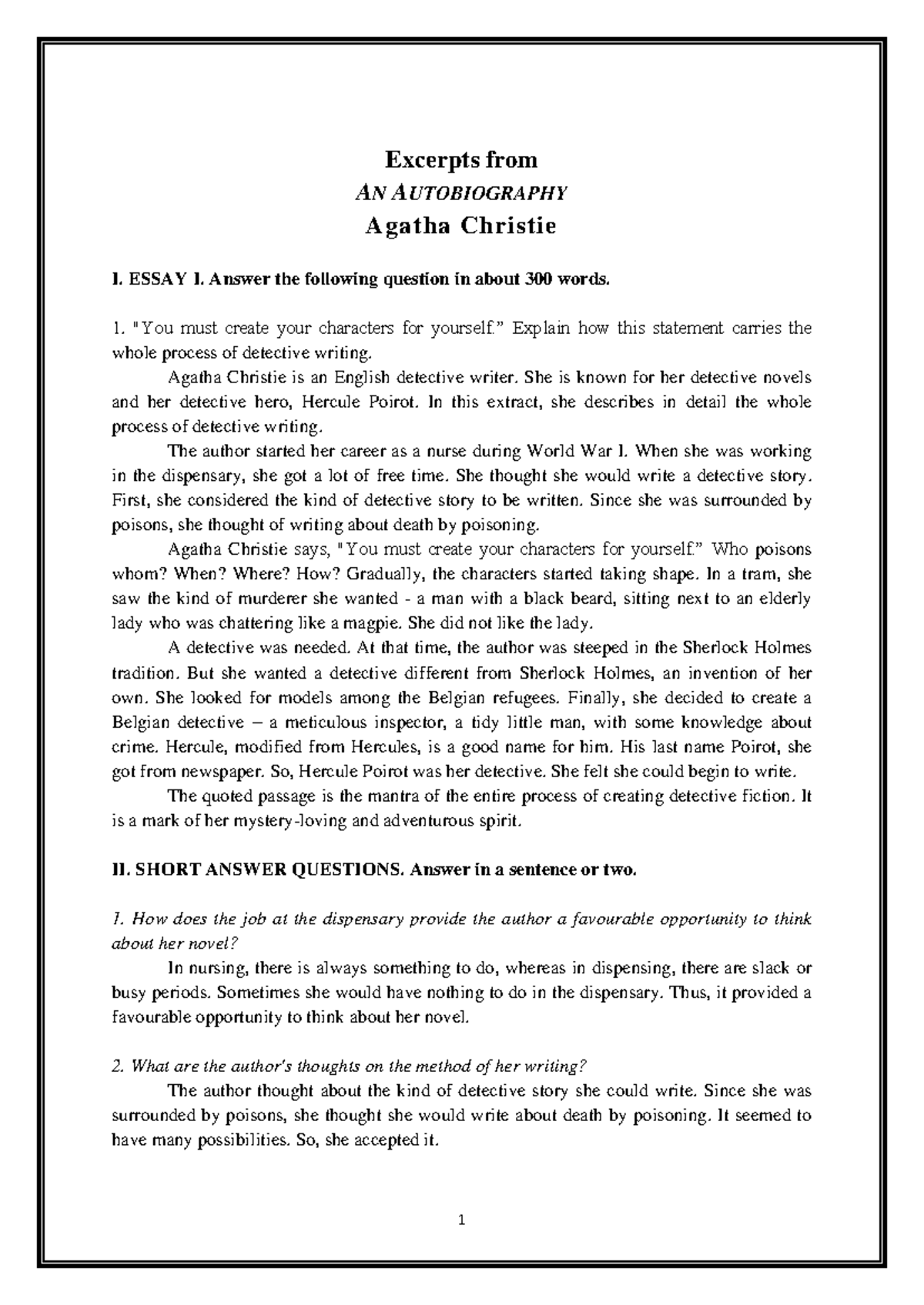 Excerpts from Agatha Christie Notes - Excerpts from AN AUTOBIOGRAPHY ...