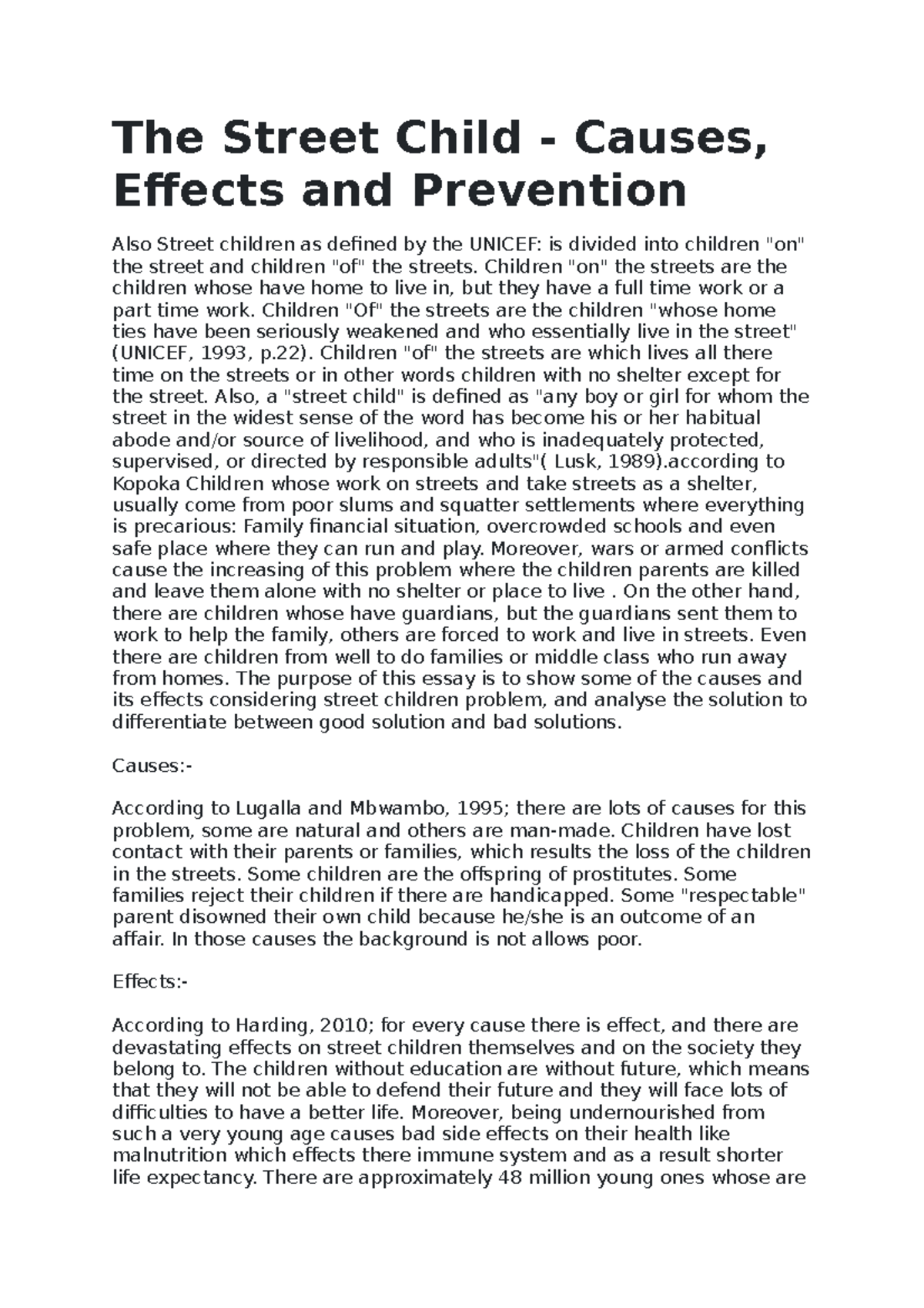 The Street Child - Grade: 2:1 - The Street Child - Causes, Effects and ...