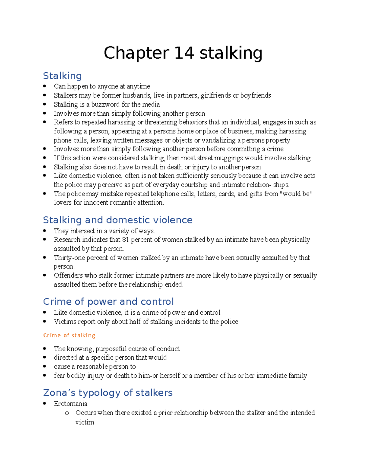 Chapter 14 stalking - Lecture notes 14 - Chapter 14 stalking Stalking ...