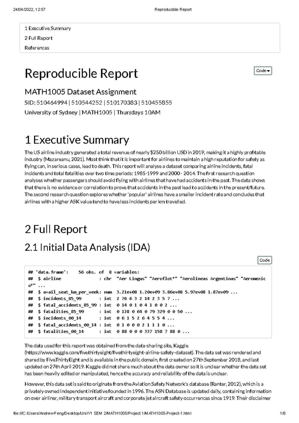 MATH1005 Project 1 - 2 Full Report References Reproducible Report MATH1005 Dataset Assignment ...