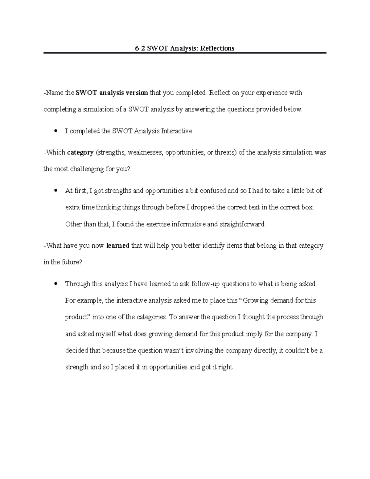 6-2 SWOT Analysis Reflections - 6-2 SWOT Analysis: Reflections -Name ...