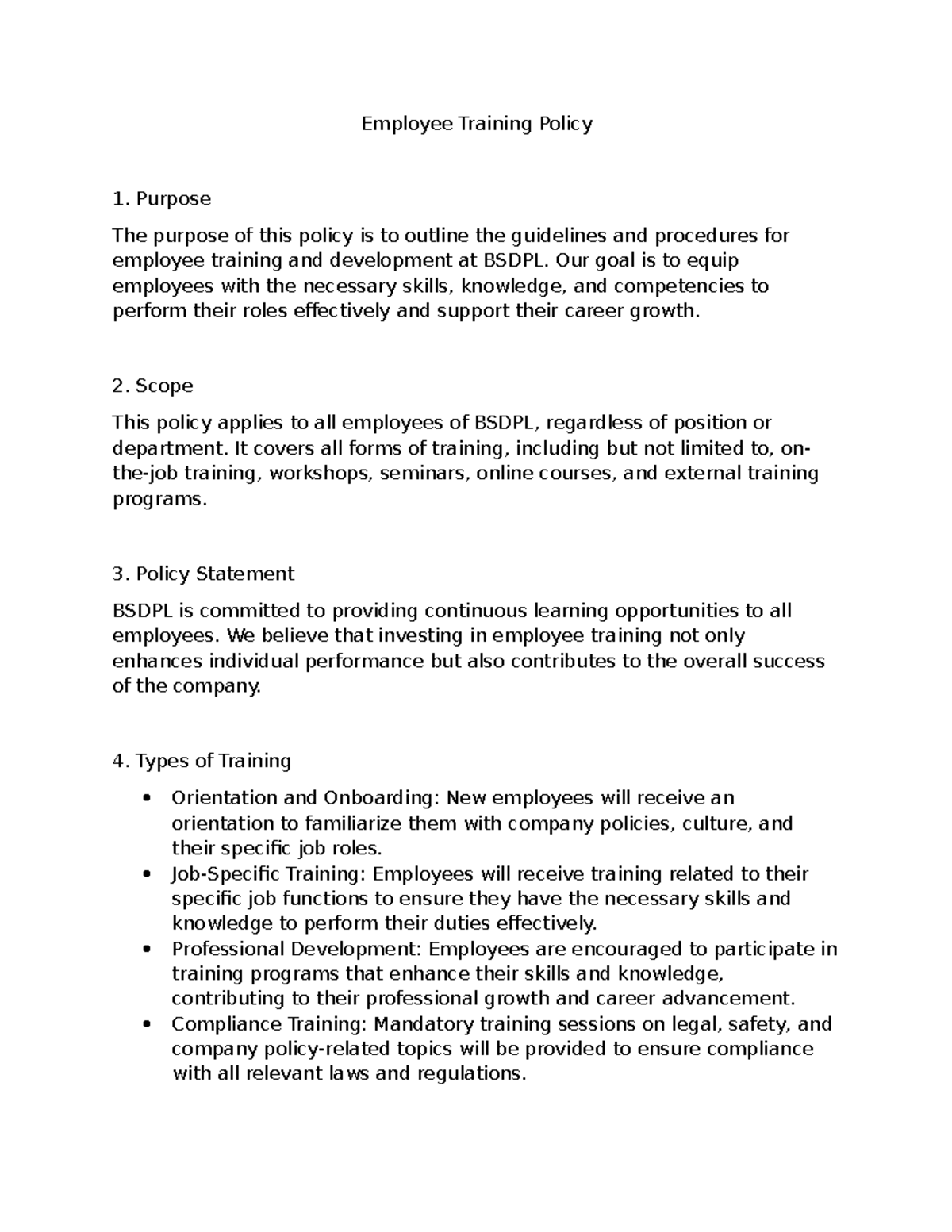 Bsdpl Employee training policy - Employee Training Policy Purpose The ...