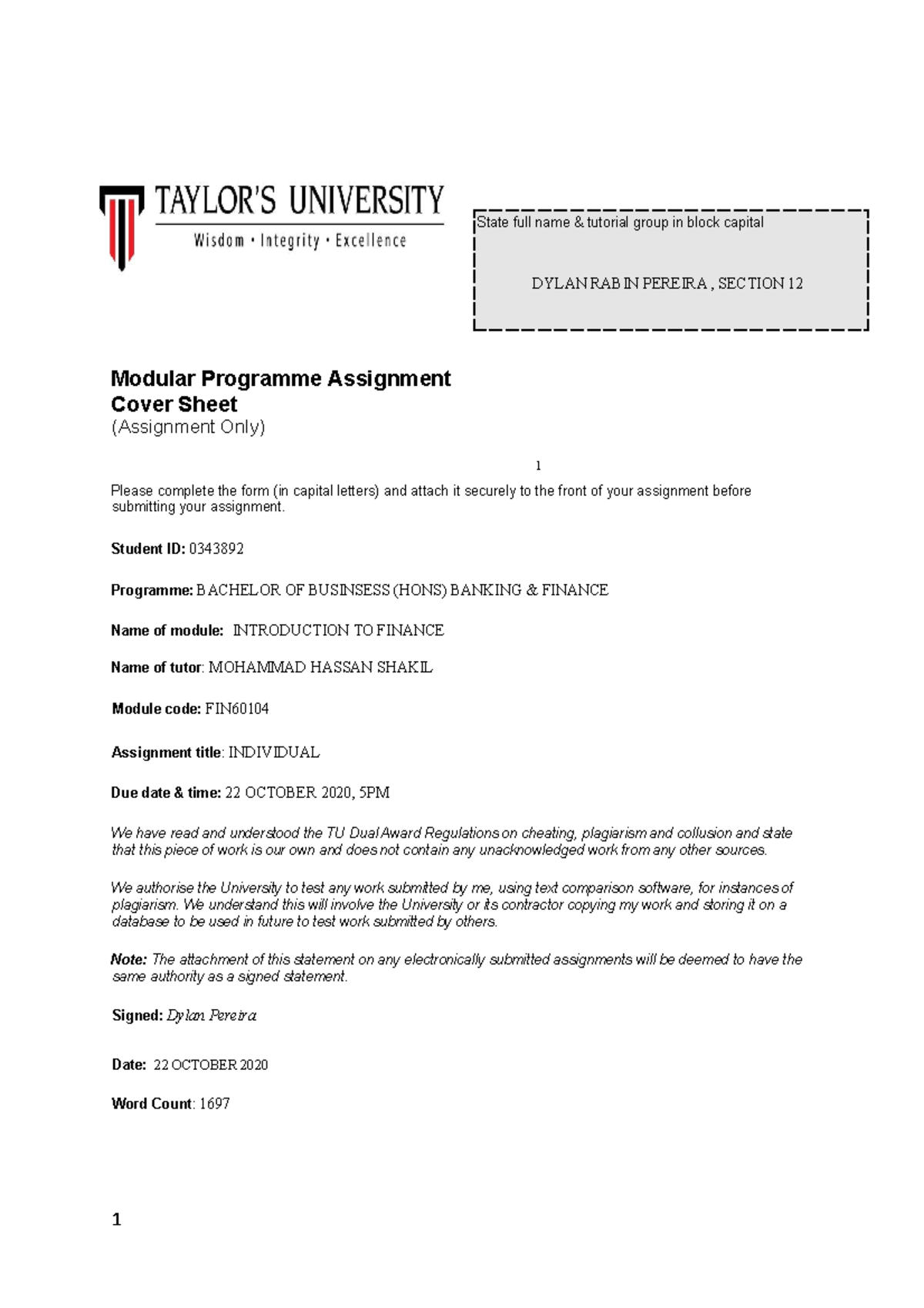 Finance Individual Assignment - Modular Programme Assignment Cover ...