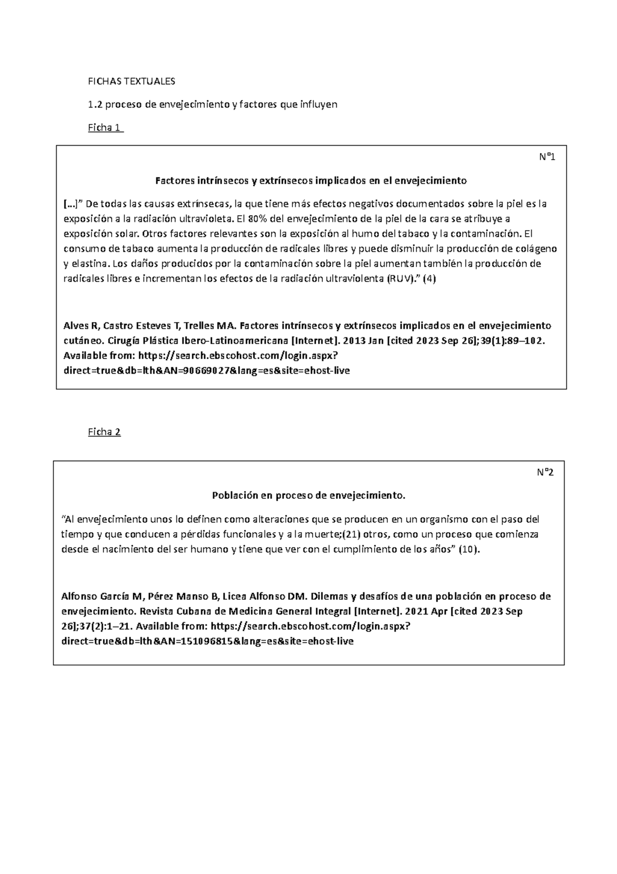 Fichas Textuales - FICHAS TEXTUALES 1 proceso de envejecimiento y ...