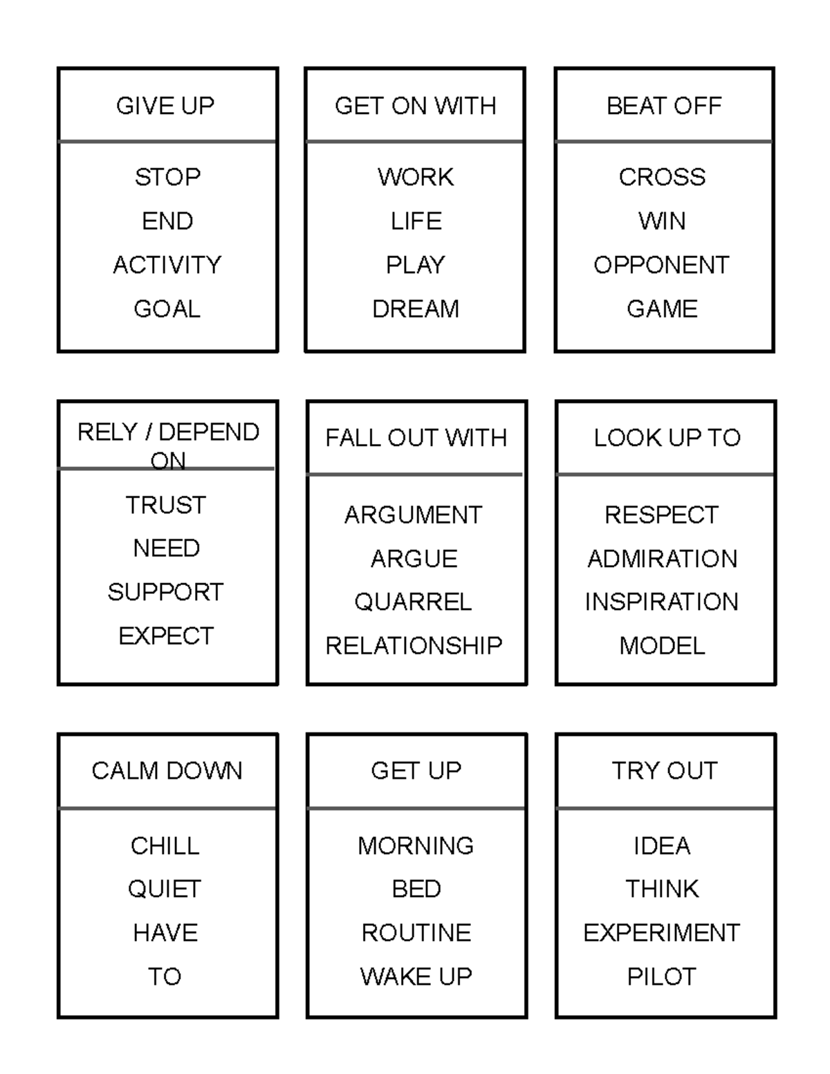 Phrasal Verbs Cards - GIVE UP GET ON WITH BEAT OFF RELY / DEPEND ON ...