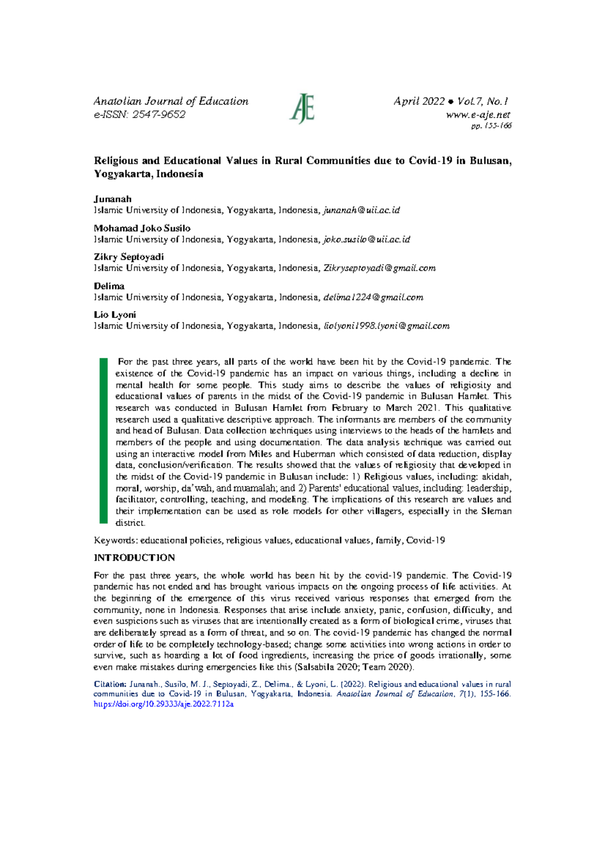 Religious and Educational Values - Anatolian Journal of Education April ...
