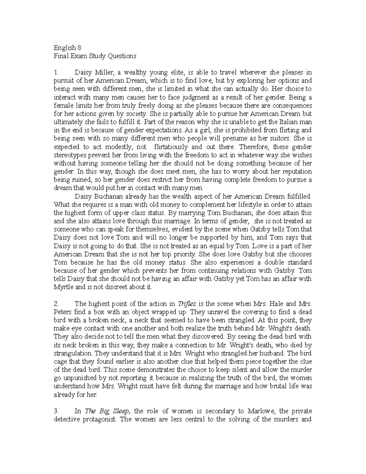 Final Exam Study Questions Answered - English 8 Final Exam Study ...